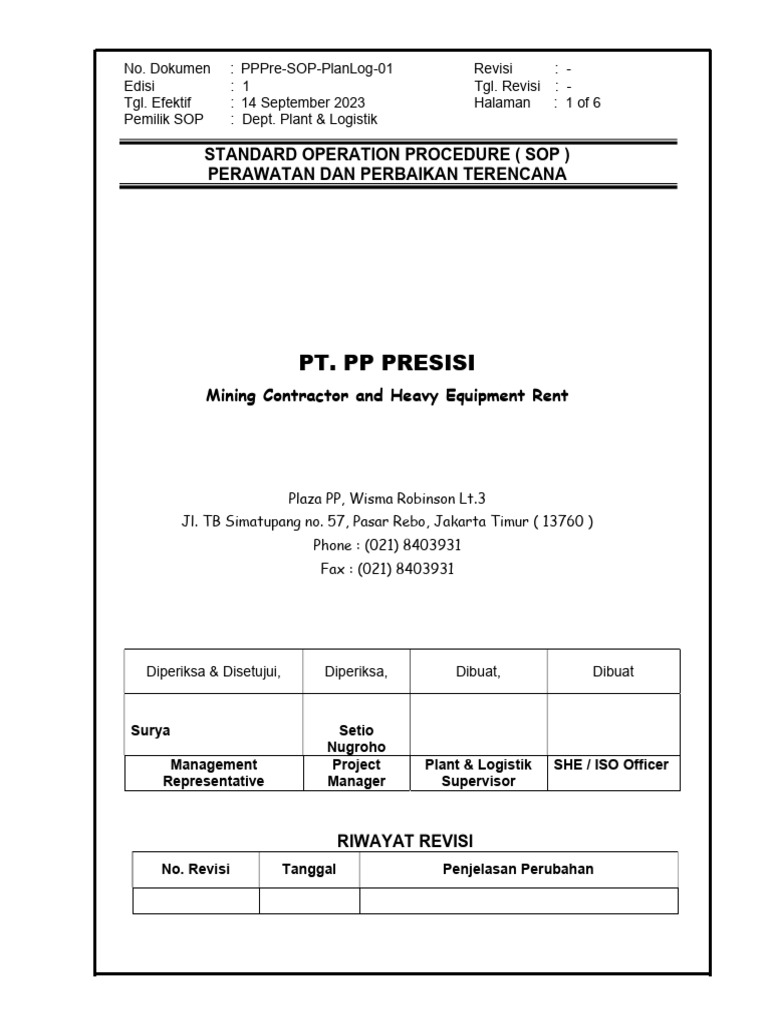 SOP Perawatan Dan Perbaikan Terencana (PPPre-SOP-PlanLog-01) | PDF | Bisnis | Teknologi & Rekayasa
