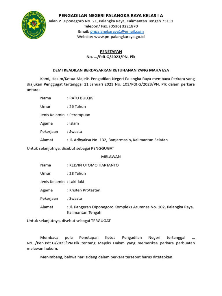 Penetapan Hari Sidang Perdata + Court Calendar | PDF