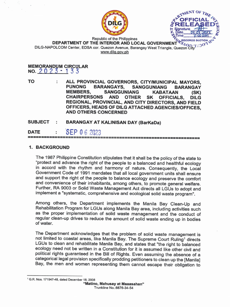 Memorandum Circular No 2023-133 Re Barangay at Kalinisan Day (Barkada ...