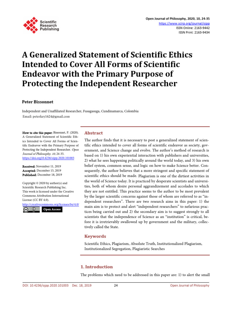 A Generalized Statement of Scientific Ethics Inten | PDF