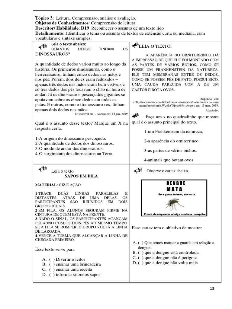 Identificar o Tema de Um Texto | PDF | Dinossauros | Sapo