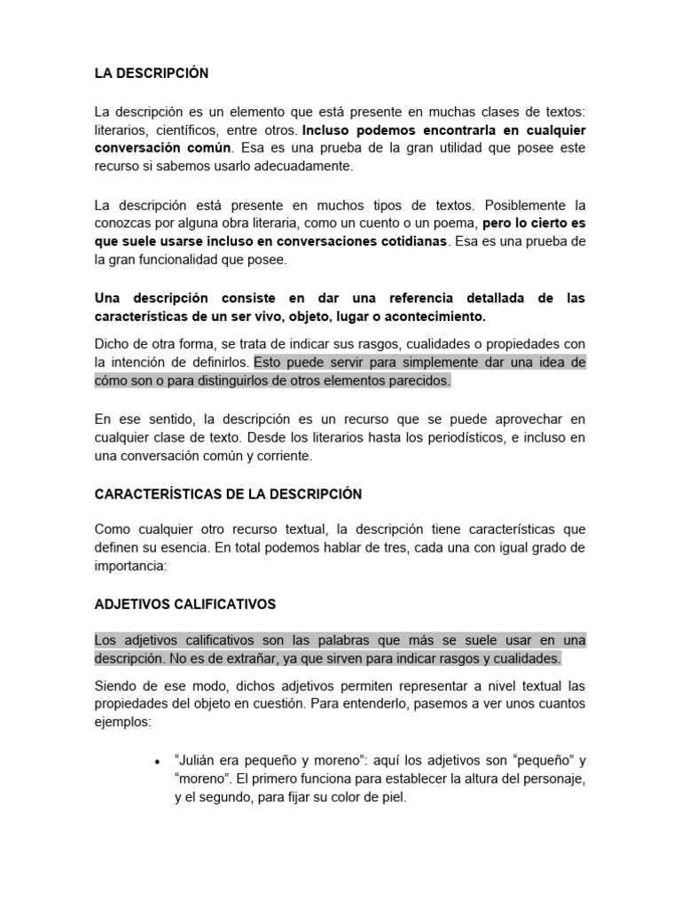 La Descripción | PDF | Adjetivo | Verbo