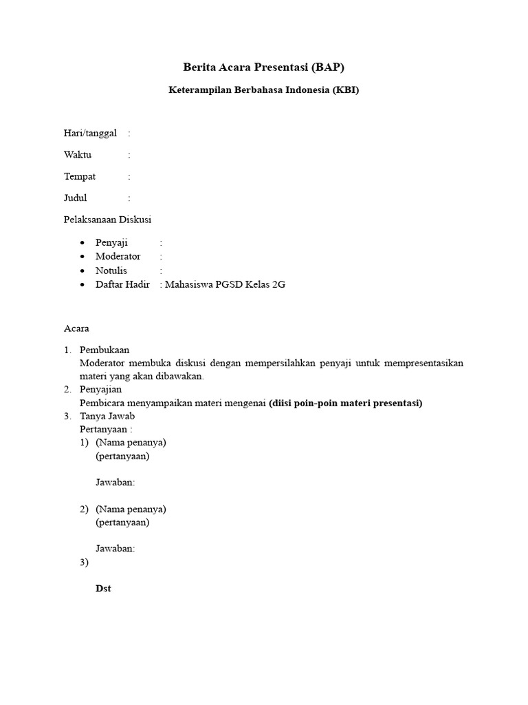 Template Berita Acara Presentasi (KBI) | PDF