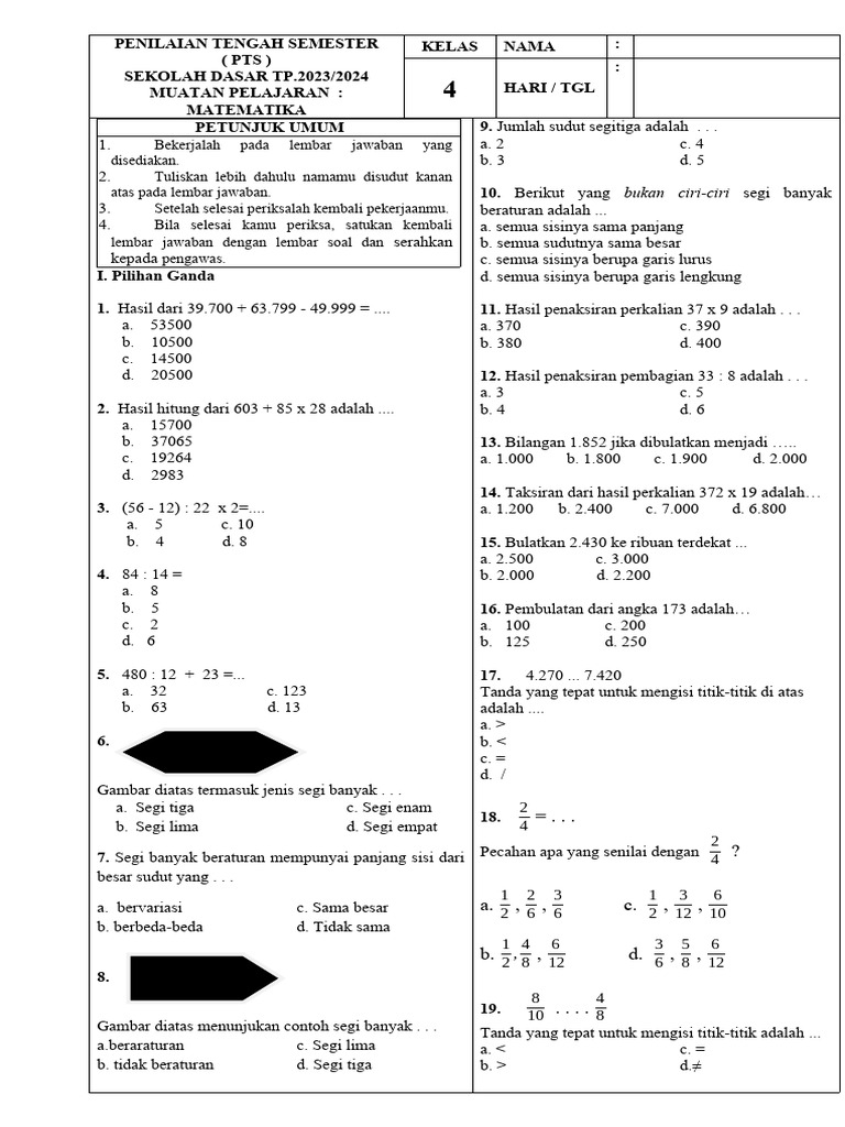 Soal PTS Matematika Kelas 4 SD | PDF