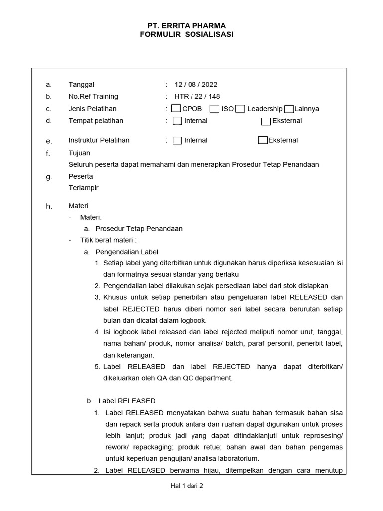 Sosialisasi Ulang Protap Penandaan | PDF