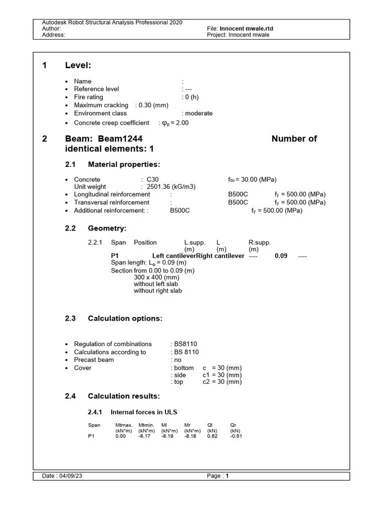 Autodesk Robot Structural Analysis Report | PDF