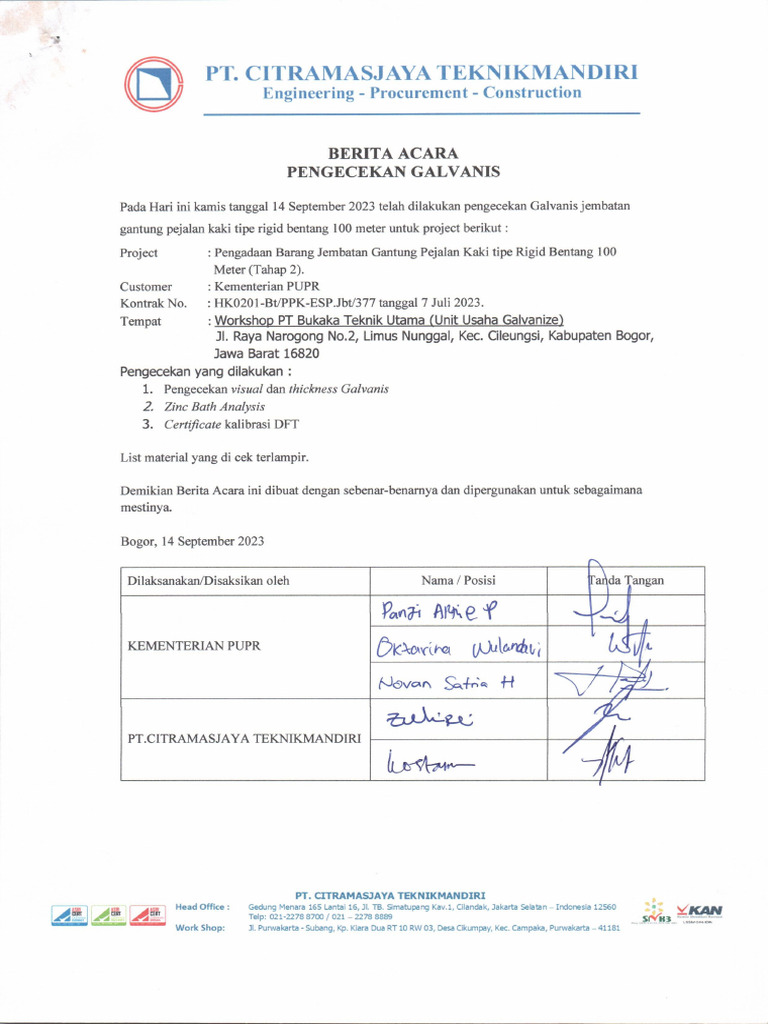 14-09-23 Pupr Pengecekan Galvanis JG 100 Tahap 2 | PDF