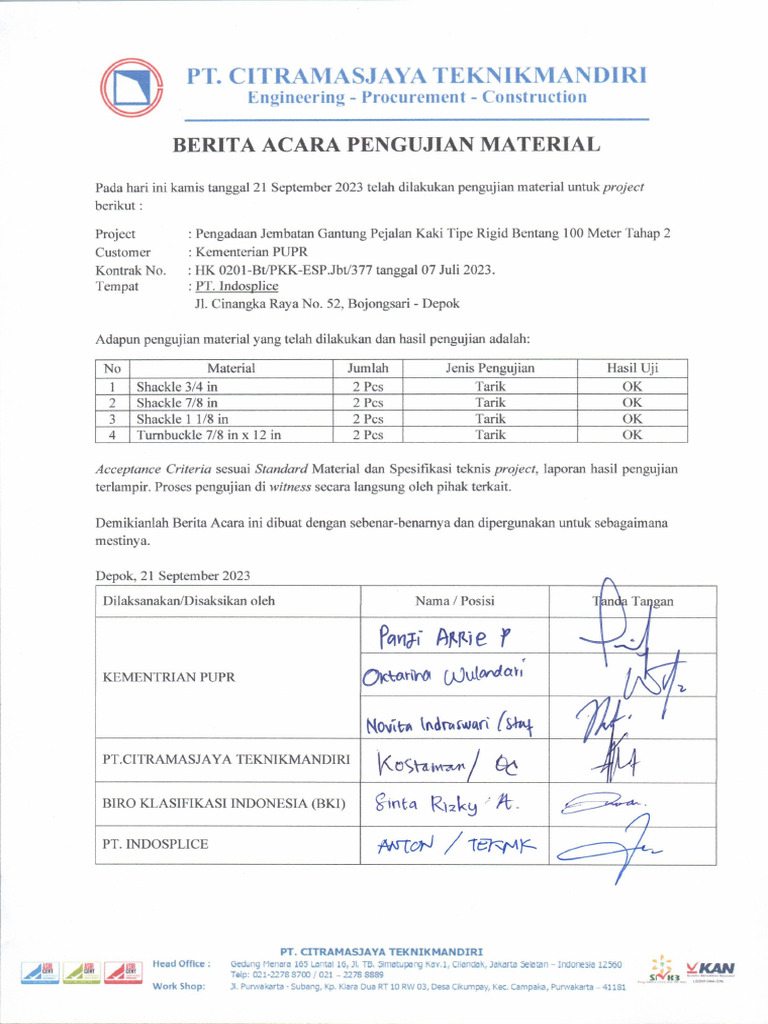 21-9-23 BA Pengujian Material Accesories JG100 Tahap 2 | PDF
