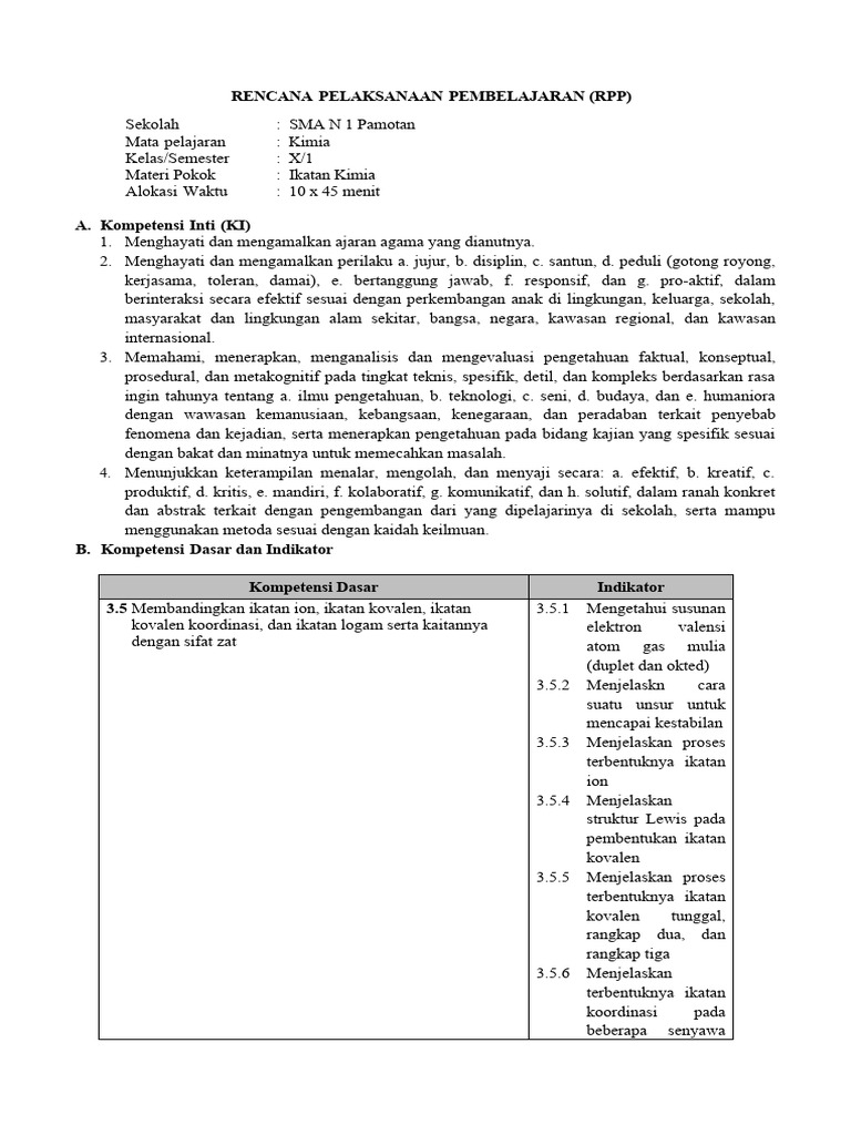 RPP Kimia Kelas X - KD 3.5 | PDF