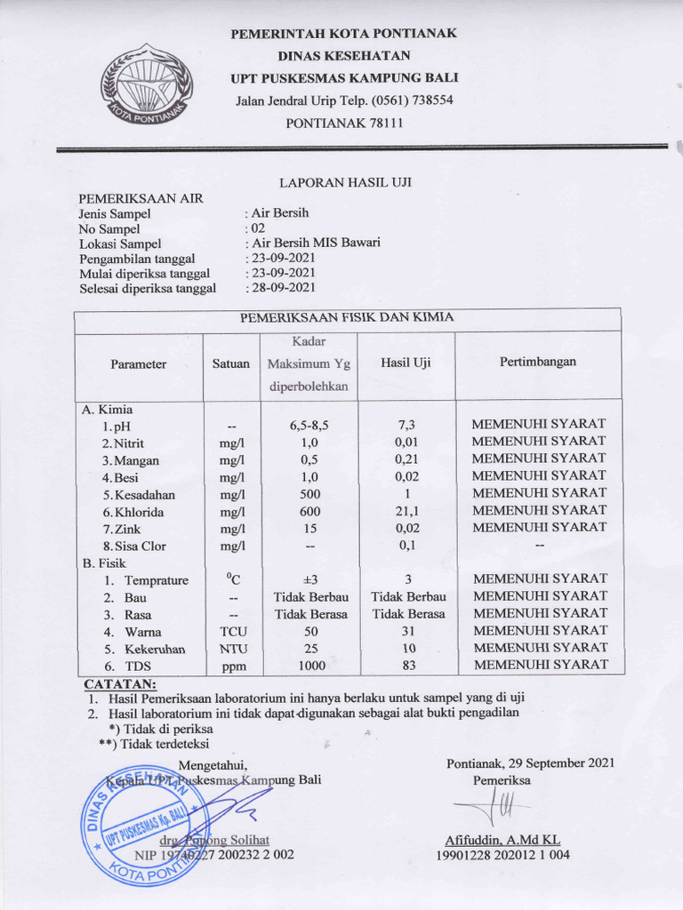 Hasil Uji Kualitas Air MIS Bawari | PDF
