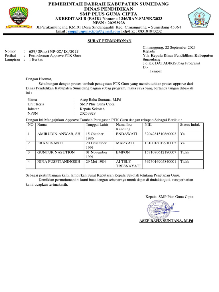 Surat Permohonan Approve PTK | PDF