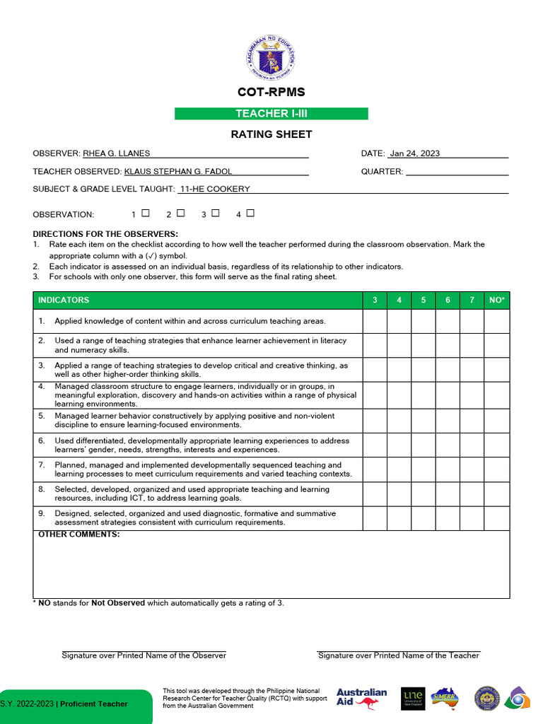 Appendix C 02 COT RPMS Rating Sheet For T I III For SY 2022 2023 3 ...
