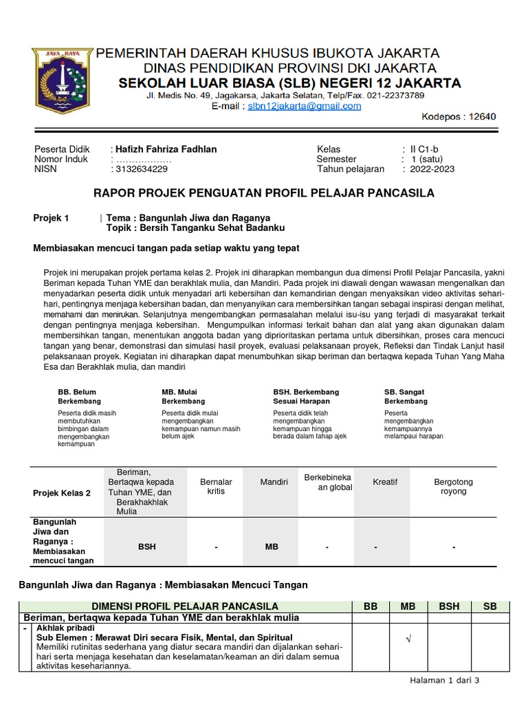 Raport Projek P5 SLBN 12 Jakarta | PDF