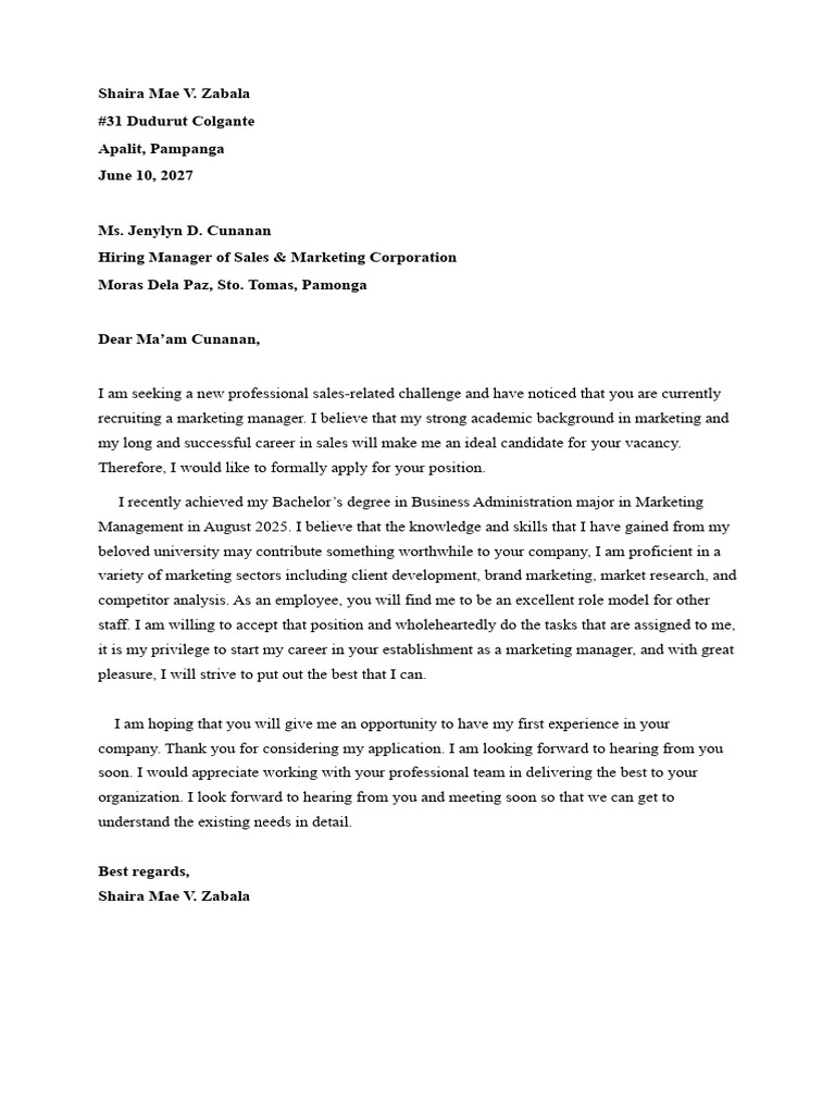 Shaira Mae v. Zabala (Application Letter) | PDF