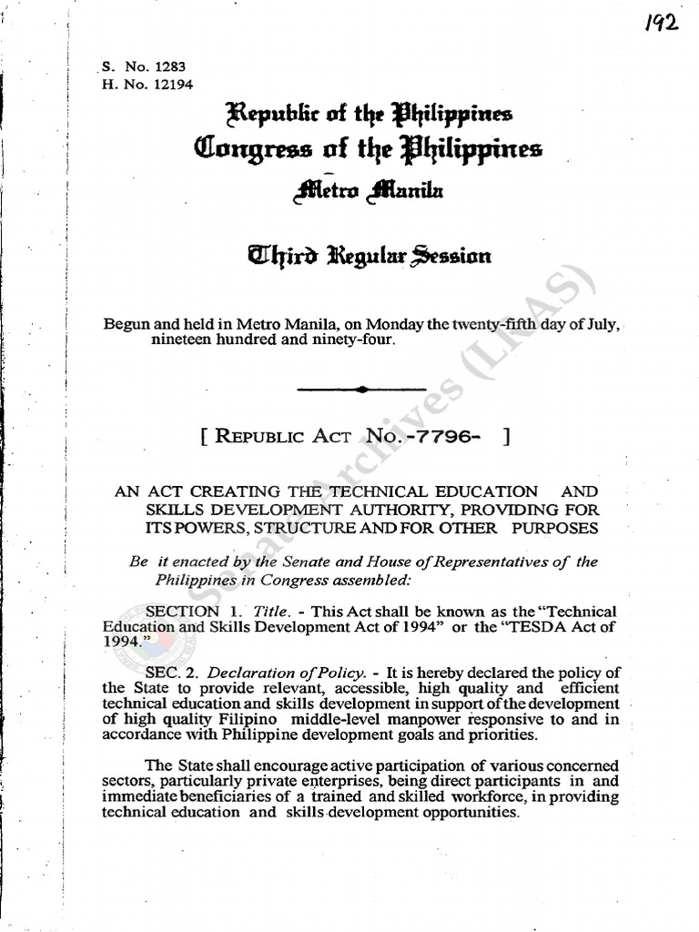 Ra 7796 | PDF | Vocational Education | Economies