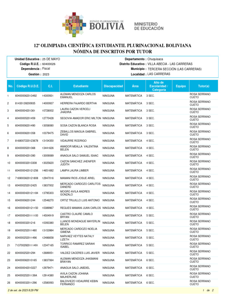 Inscritos Olimpiada Científica 2023 | PDF