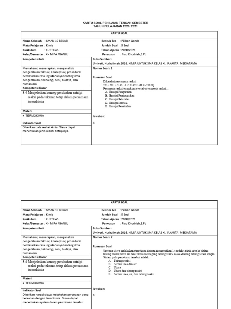Kartu Soal Pts Ganjil Xi Kimia 2021 | PDF