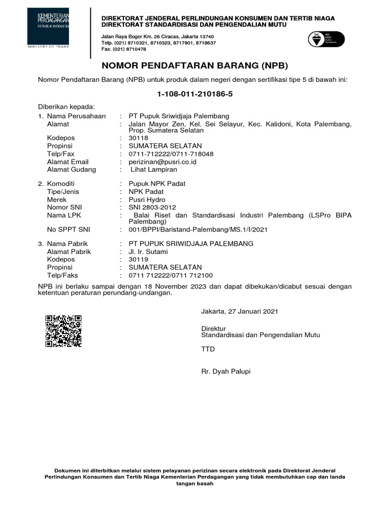 NPB NPK PUSRI HYDRO-SNI 2021 | PDF