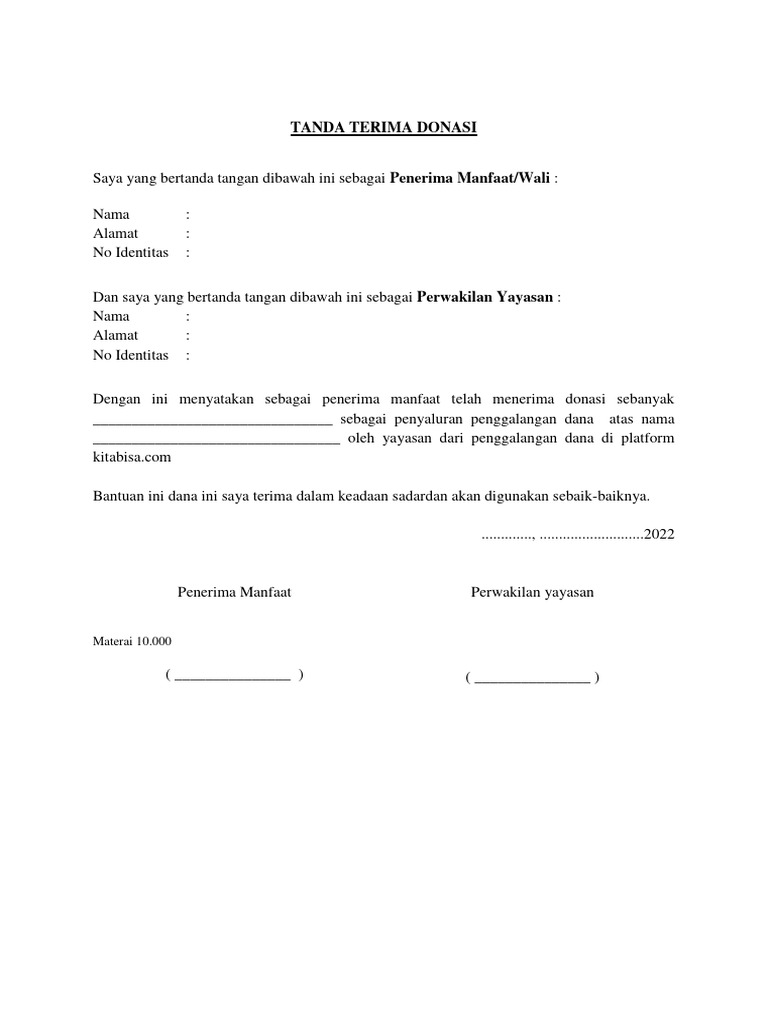 Tanda Terima Donasi Yayasan | PDF | Pengelolaan Keuangan & Uang