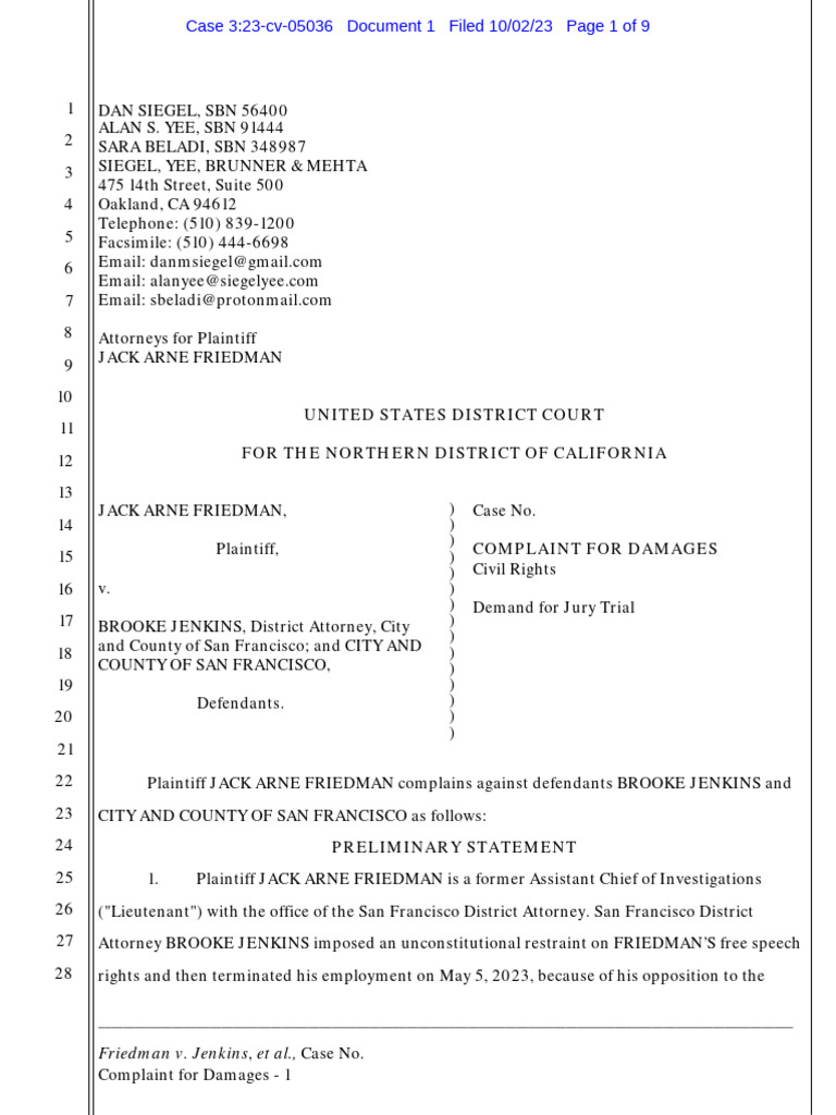 Complaint Jack Friedman vs. Brooke Jenkins | PDF