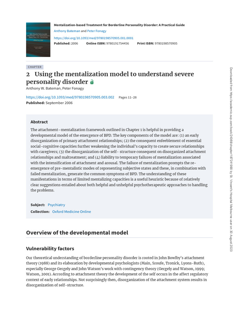 Using the mentalization model to understand severe personality disorder ...