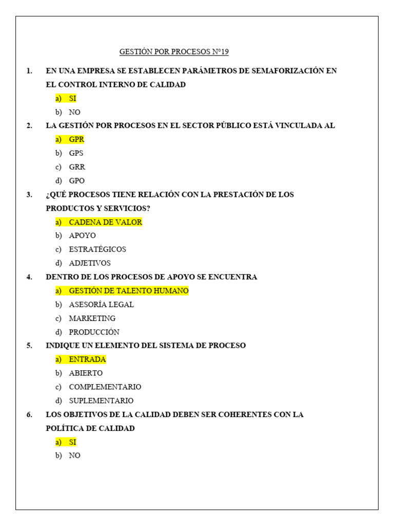 Banco de Preguntas, Gestión Por Procesos | PDF