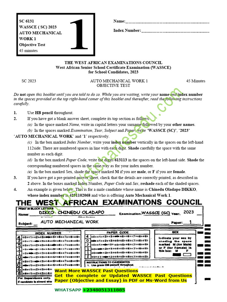 WASSCE WAEC Auto Mechanics Sample Past Questions PDF Download | PDF ...