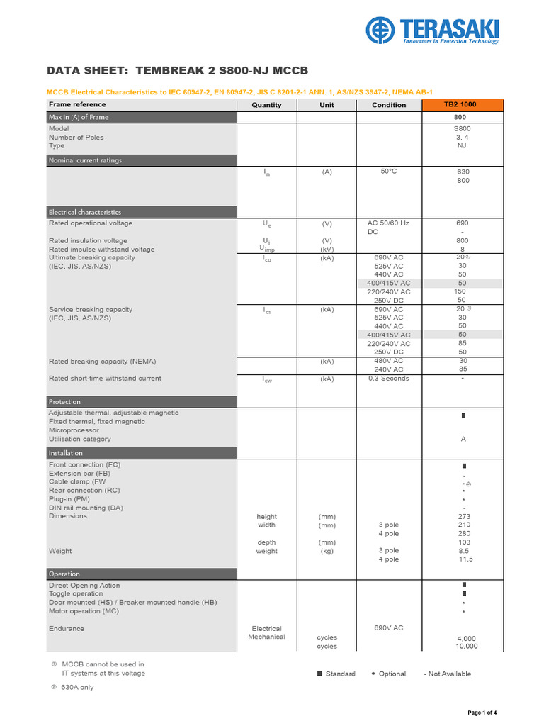 TemBreak 2 S800-NJ MCCB Data Sheet | PDF