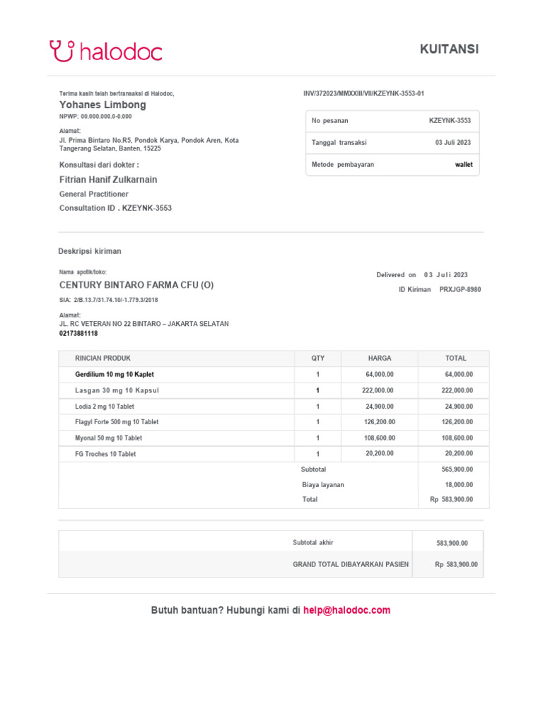 Kuitansi Halodoc Yohanes Limbong Apotik Century Bintaro | PDF