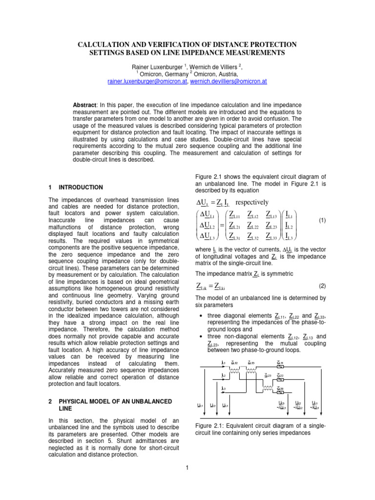 Calculation Verification Distance Protection Settings Line Impedance ...