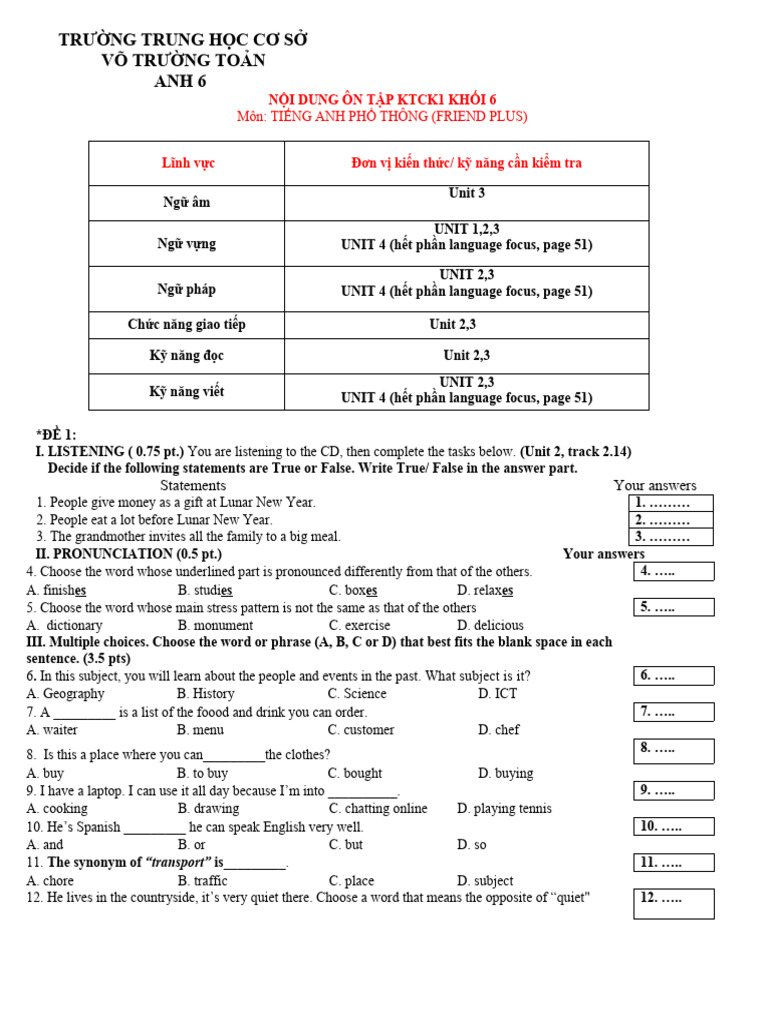 English Test Review for Grade 6 | PDF