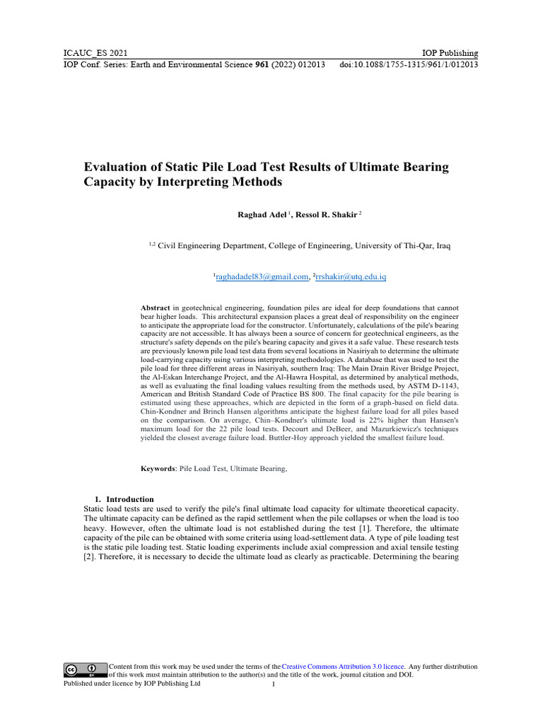 Evaluation of Static Pile Load Test Results of Ultimate Bearing | PDF