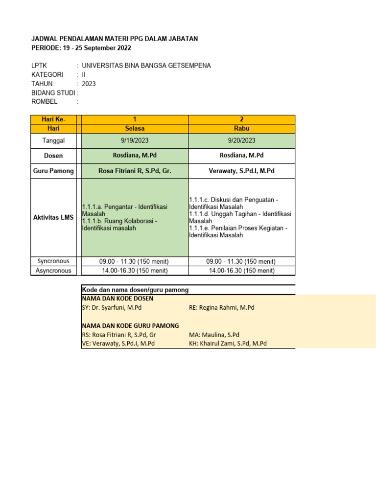 Jadwal Siklus 1 Daljab PBI | PDF