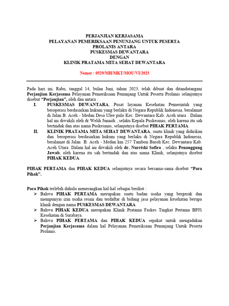 Mou Puskesmas Dewantara Dengan Klinik Pratama Mita Sehat | PDF