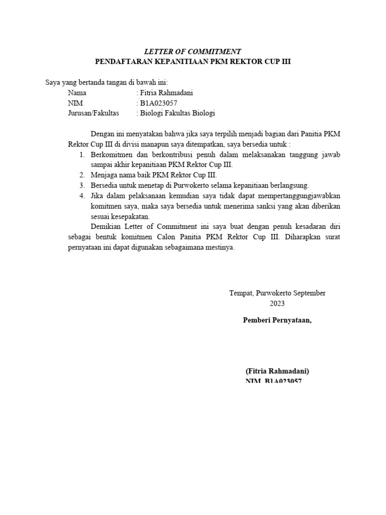 Surat Pernyataan Komitmen PKM Rektor Cup III | PDF