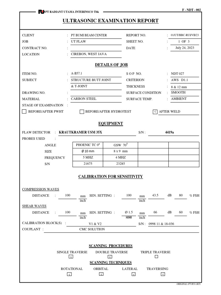 Ultrasonic Examination Report: Details of Job | PDF | Nondestructive ...