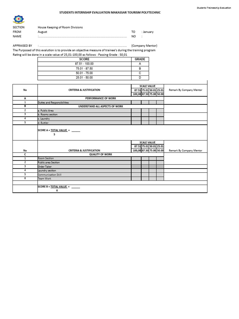 Internship Evaluation for Housekeeping | PDF