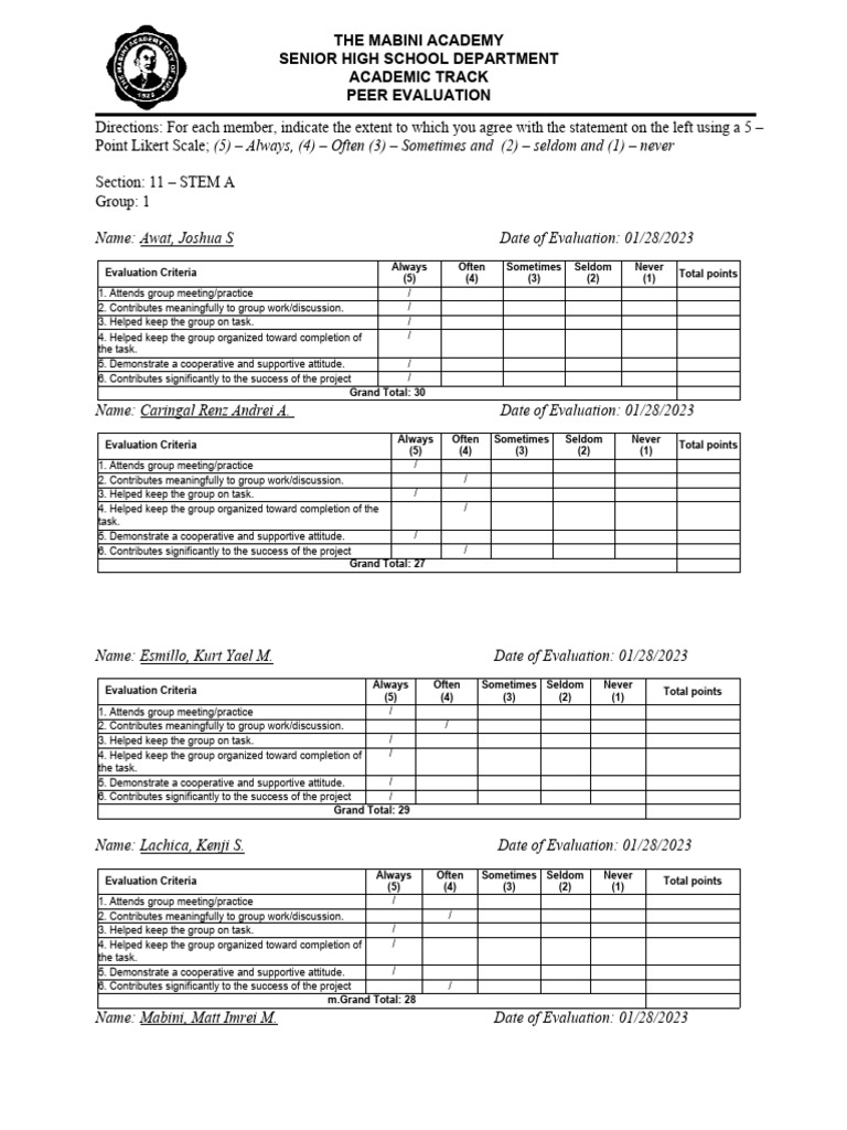 E Peer Evaluation Form-1 | PDF