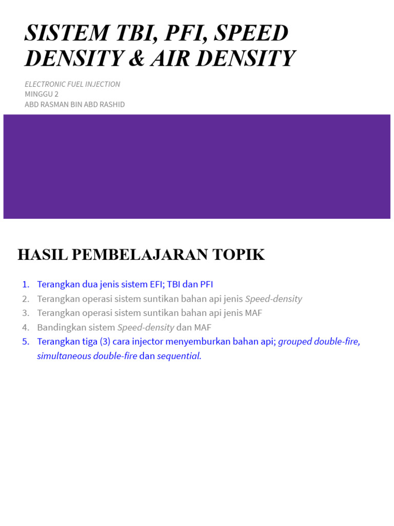 Week 2 Sistem TBI, PFI, Speed Density - Air Density | PDF