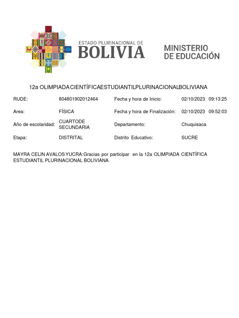 12A Olimpiada Científica Estudiantil Plurinacional Boliviana | PDF