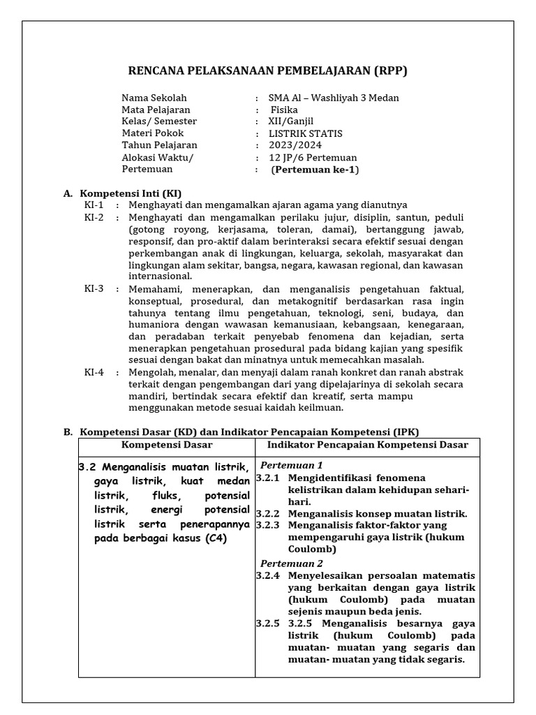 Rencana Pelaksanaan Pembelajaran (RPP) : Pertemuan 1 | PDF