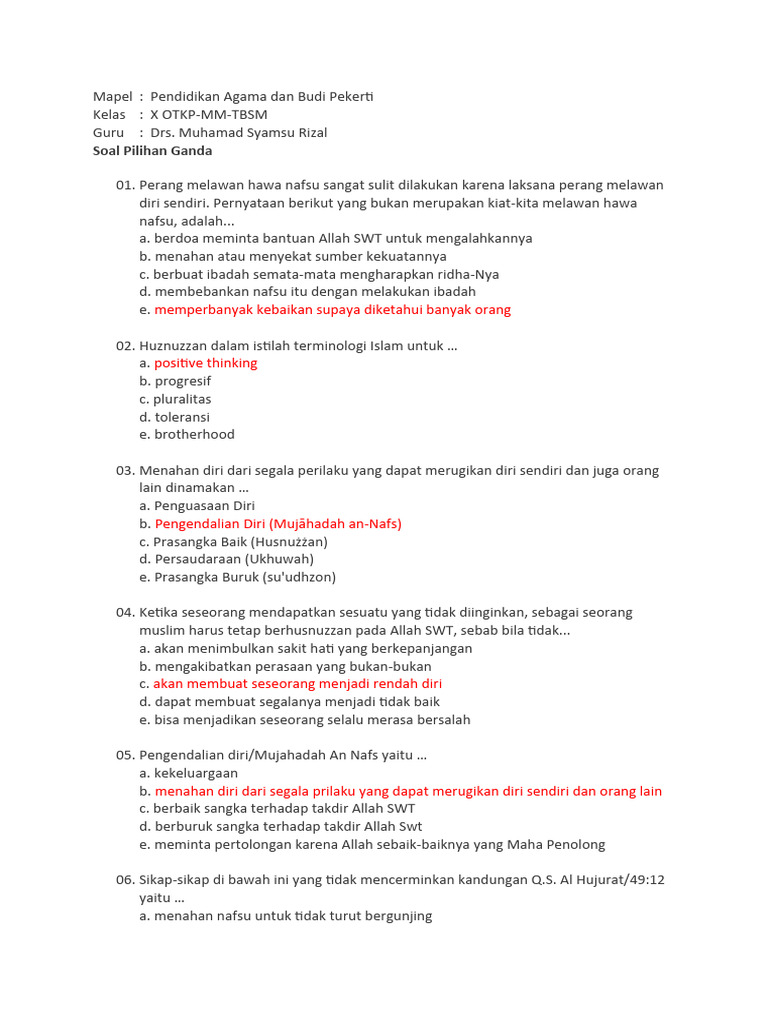 Soal PTS PABP Kelas X OTKP MM TBSM | PDF