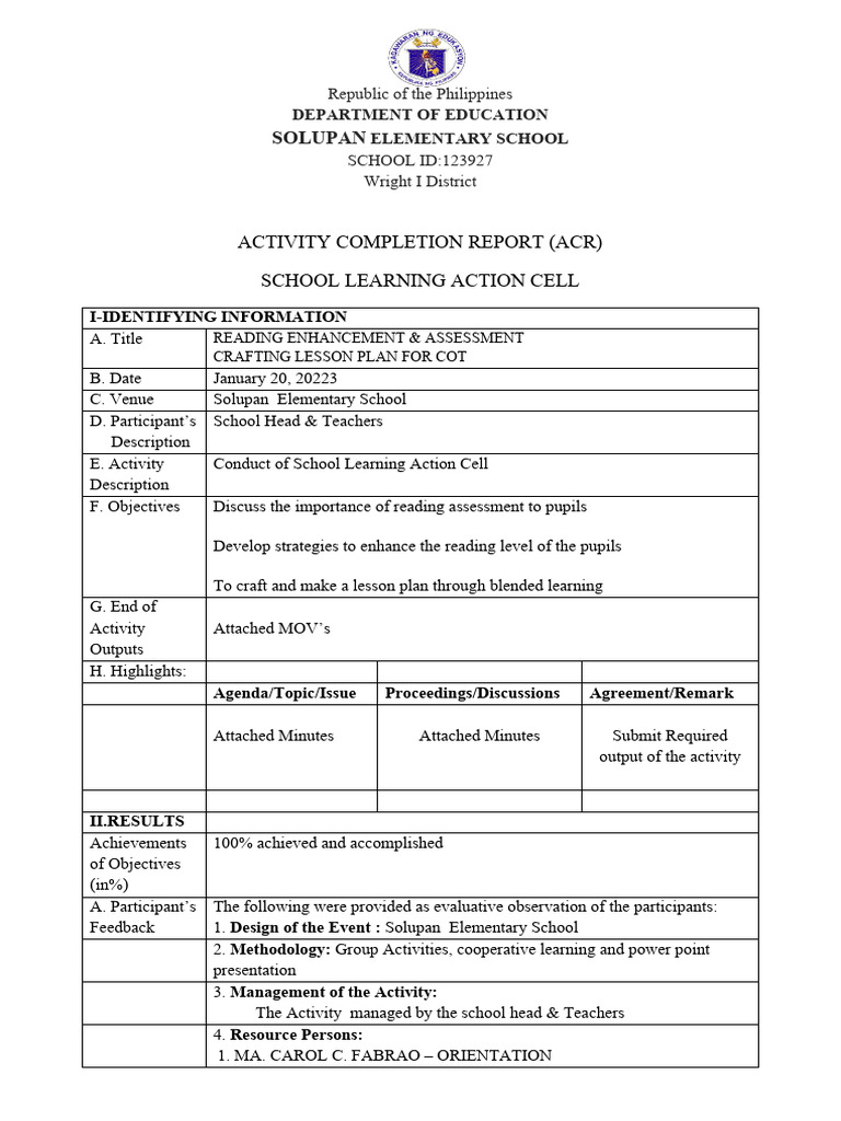 ACR of School Activities | PDF