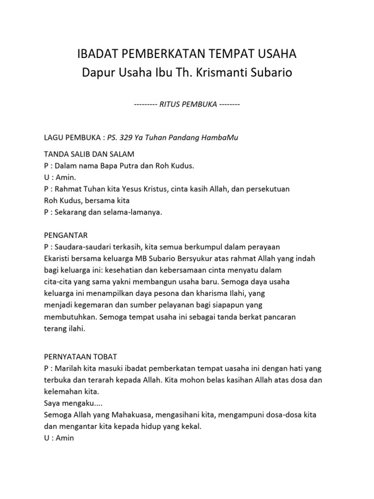 Ibadat Pemberkatan Tempat Usaha | PDF