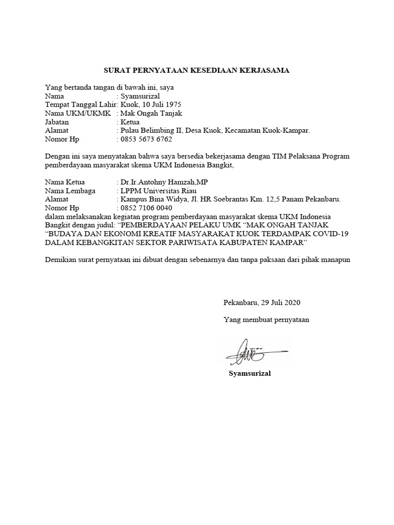 Surat Pernyataan Kerja Sama Pdf