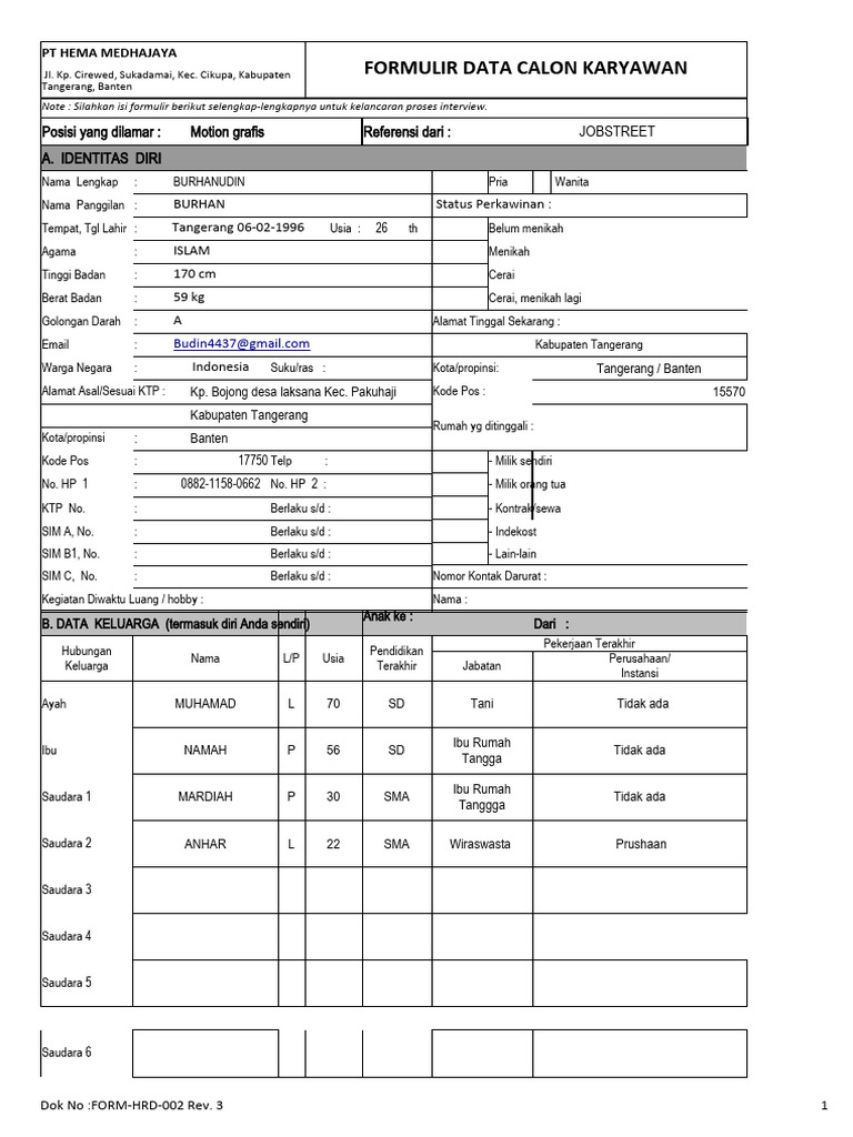 Salin Dari Form Data Calon Karyawan - Burhan | PDF