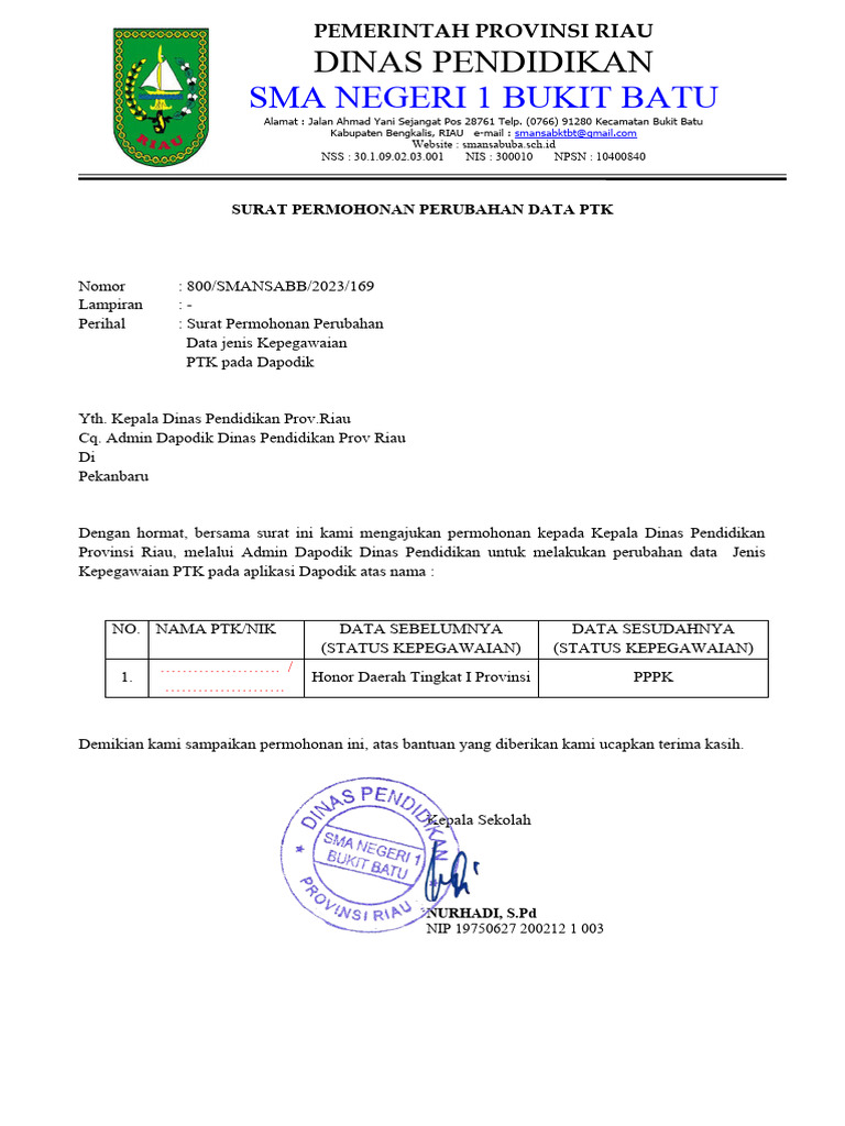 Surat Pengantar Perubahan Data Jenis Kepegawaian Dapodik 2023 | PDF