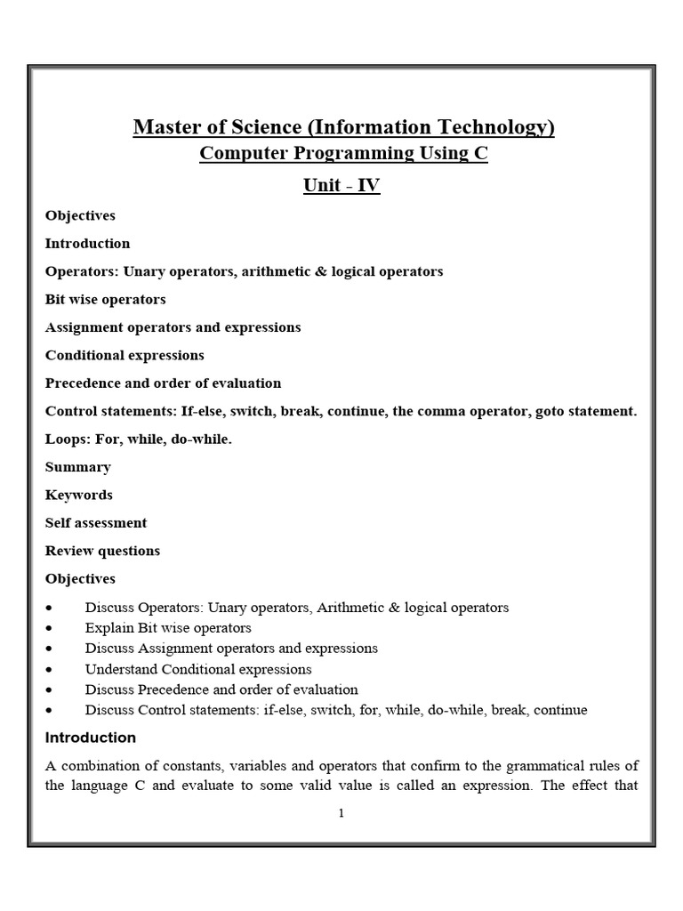 Computer Programming Using C Unit IV Objectives | PDF