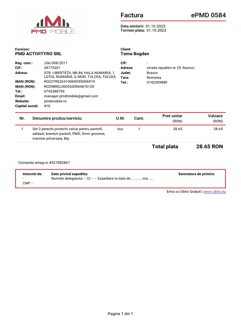 Factura ePMD 0584: PMD Activityro SRL Toma Bogdan | PDF