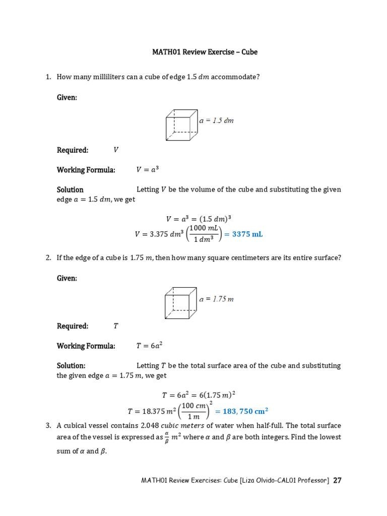MATH01 Cube Review Exercises | PDF